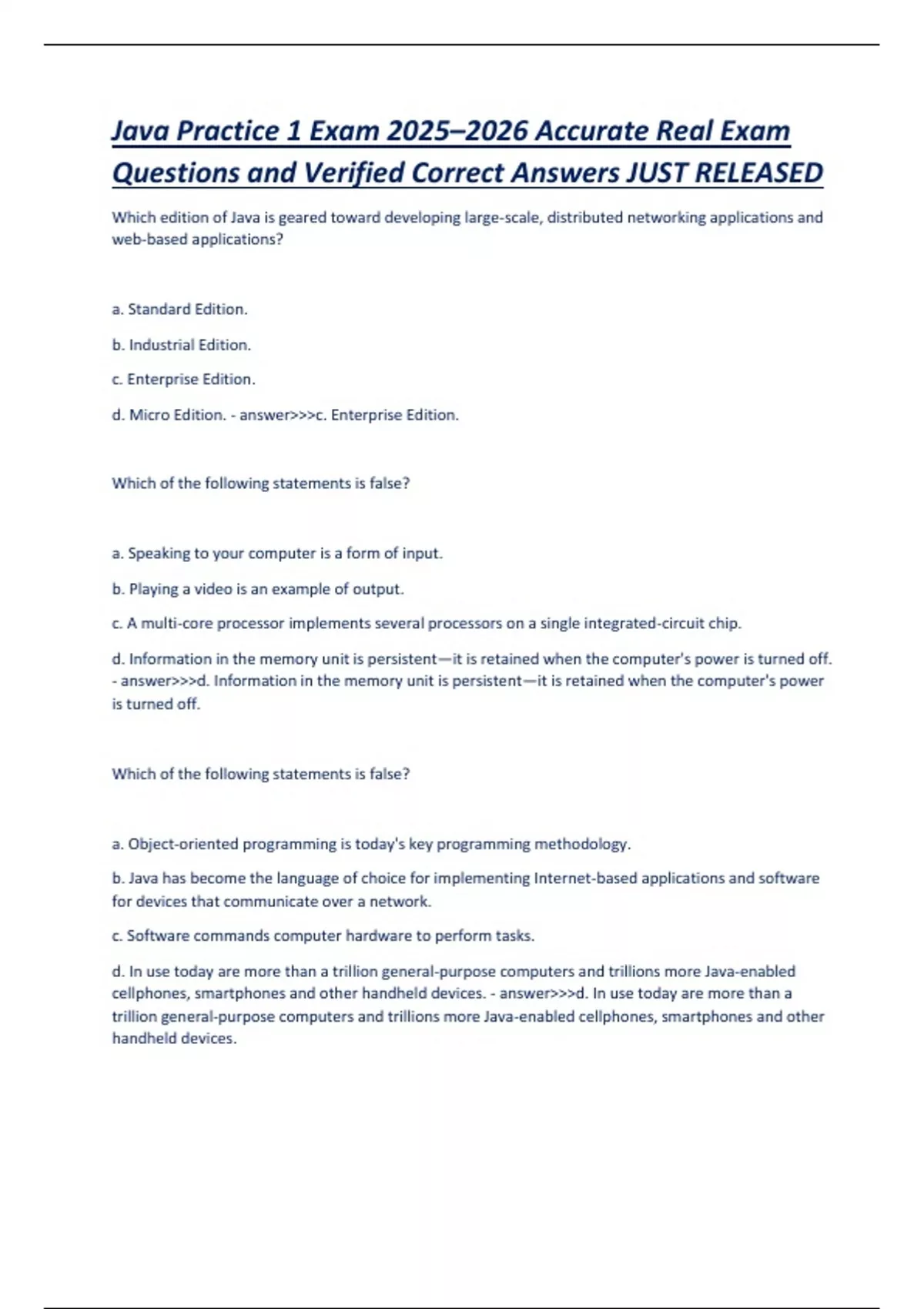Java Practice 1 Exam – 2025–2026 – Programming Fundamentals Accurate Real Exam Questions and ...