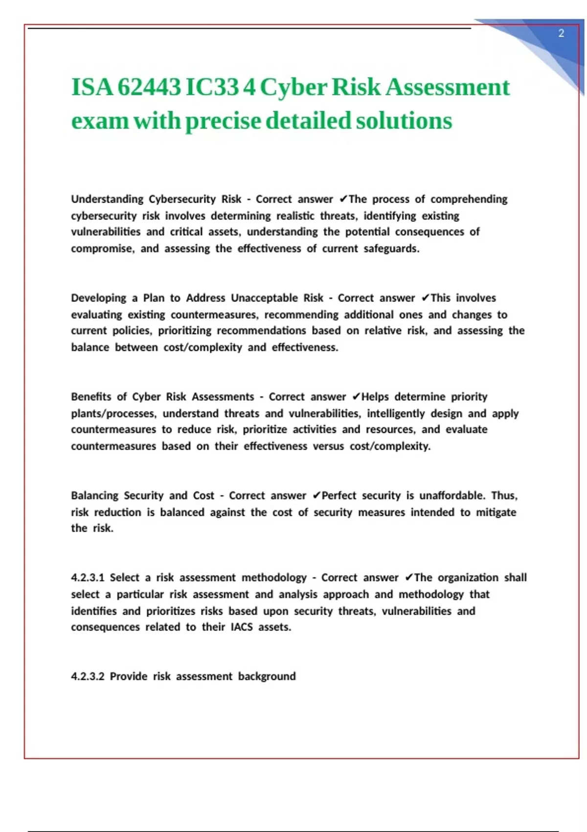 ISA 62443 IC33 4 Cyber Risk Assessment exam with precise detailed ...