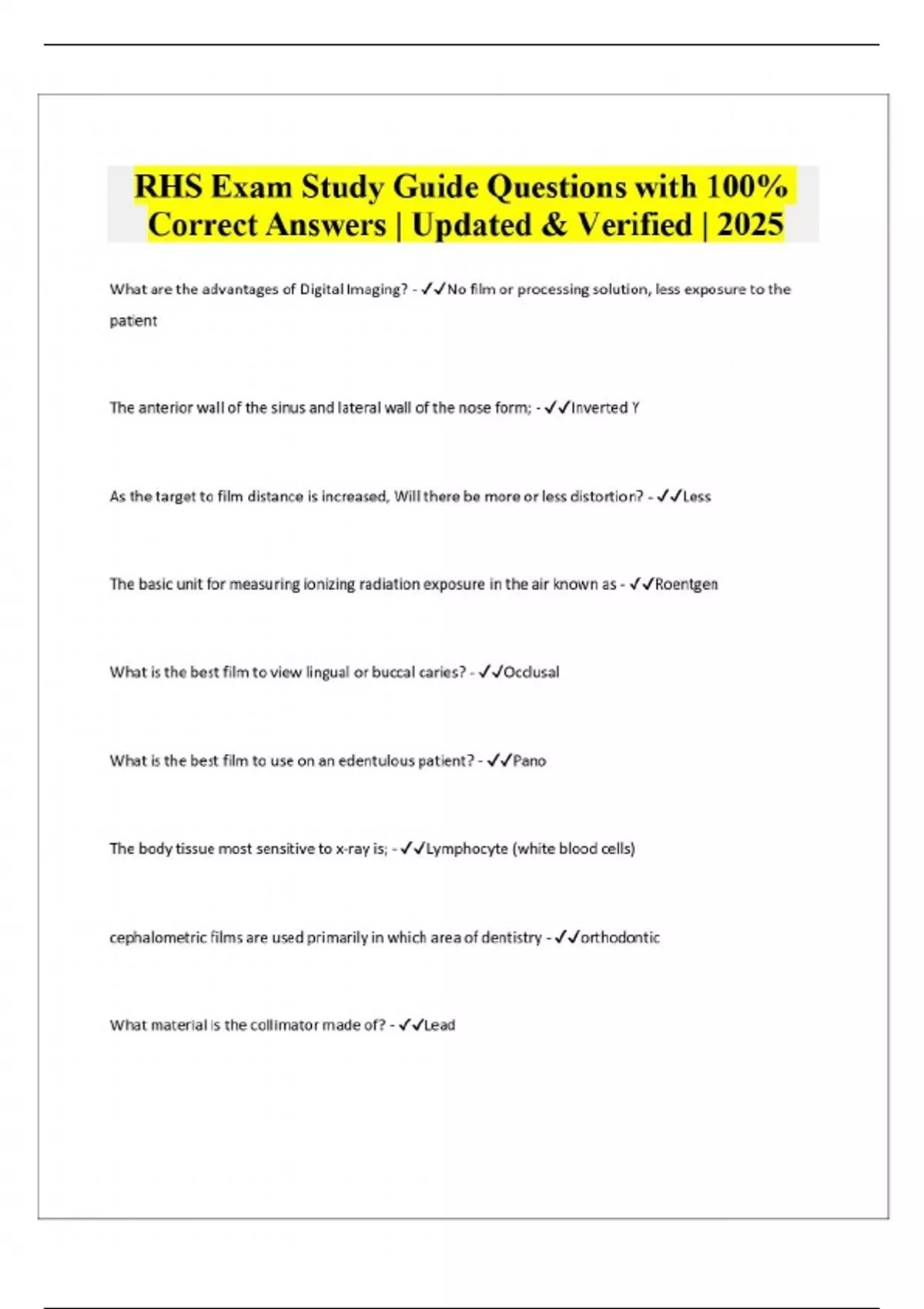 RHS Exam Study Guide Questions with 100% Correct Answers | Updated & Verified | 2025 What are ...