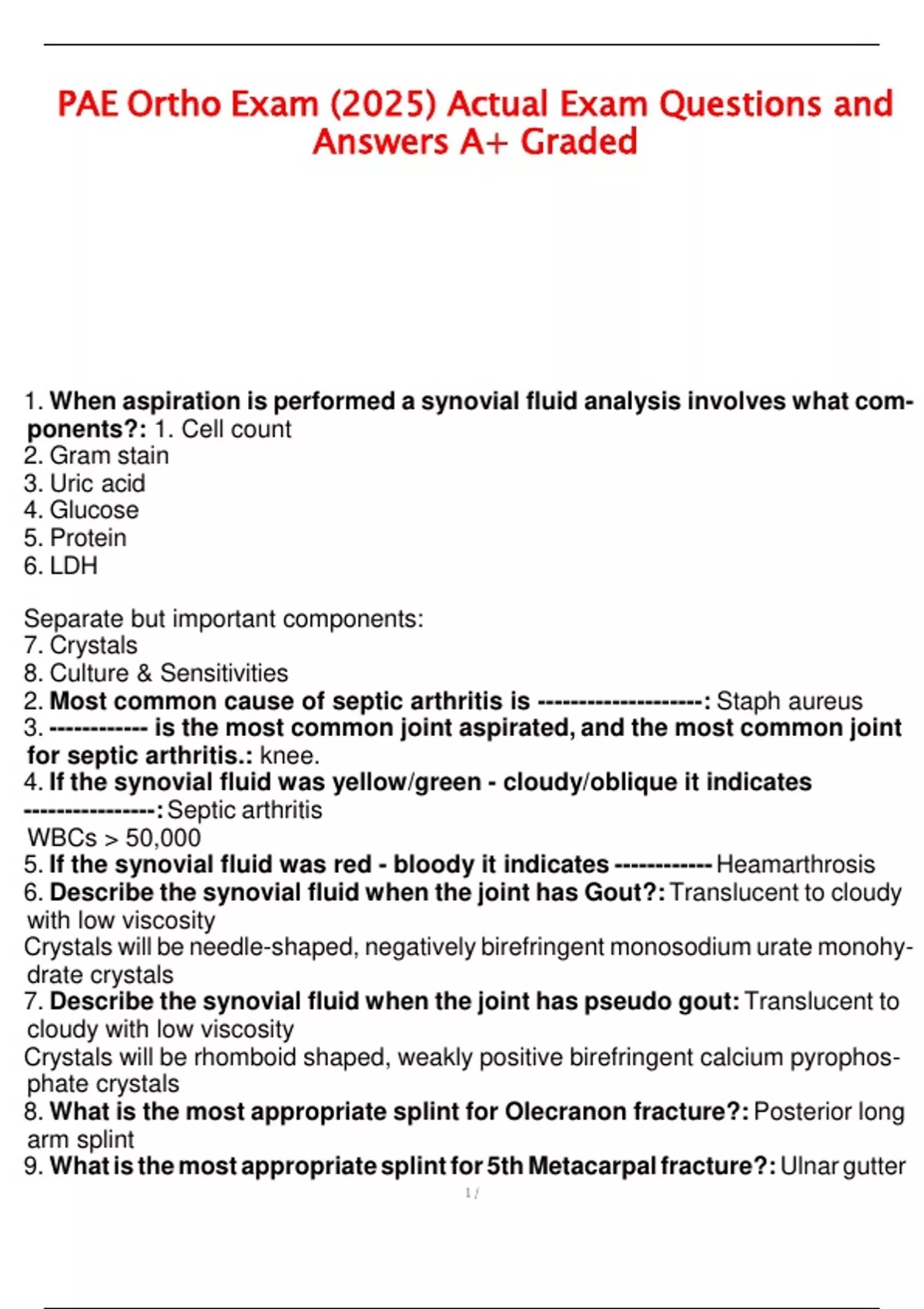 PAE Ortho Exam (2025) Actual Exam Questions and Answers A+ Graded. - Orthopedics - Stuvia US