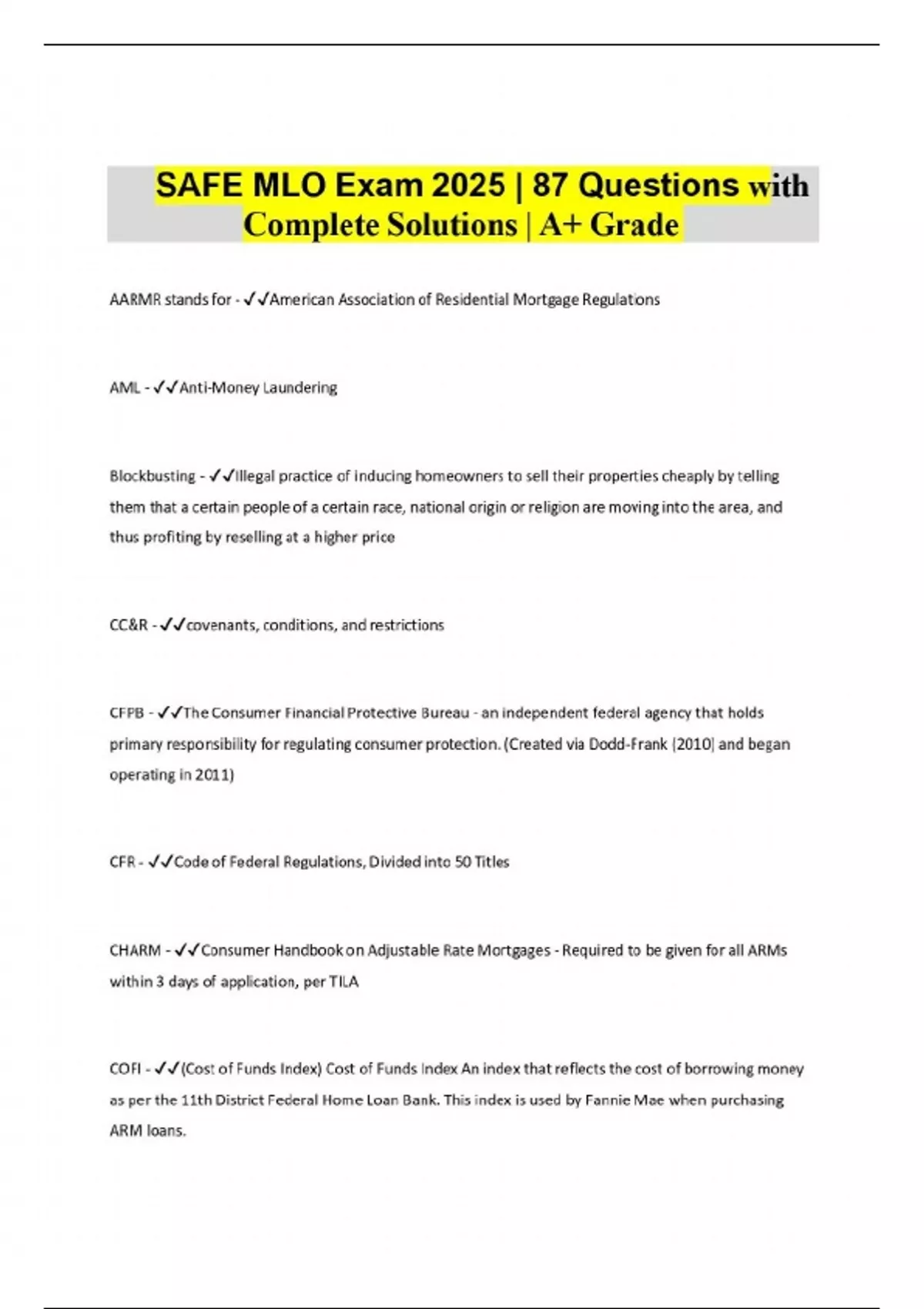 SAFE MLO Exam 2025 | 87 Questions with Complete Solutions | A+ Grade ...