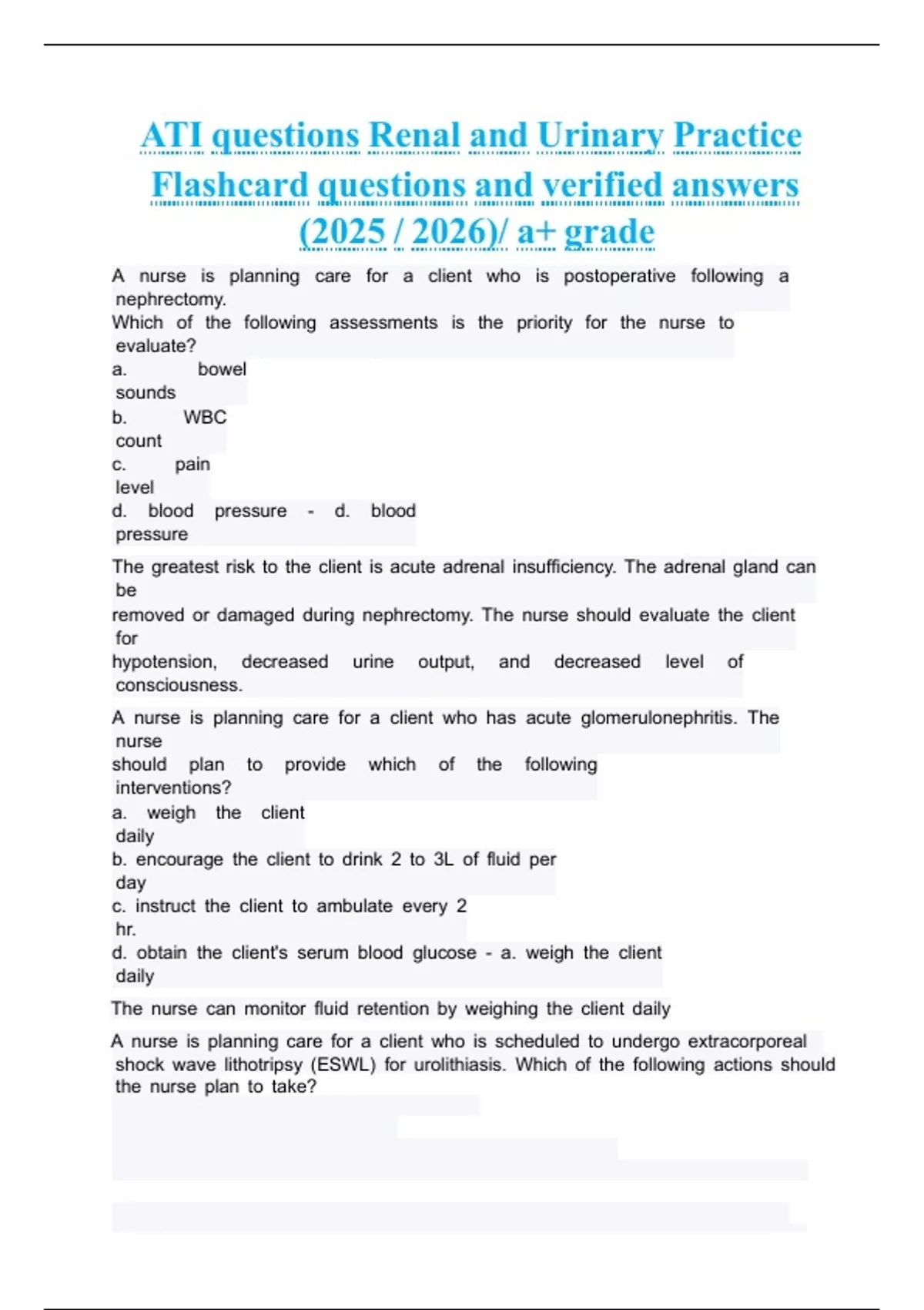 ATI questions Renal and Urinary Practice Flashcard questions and ...