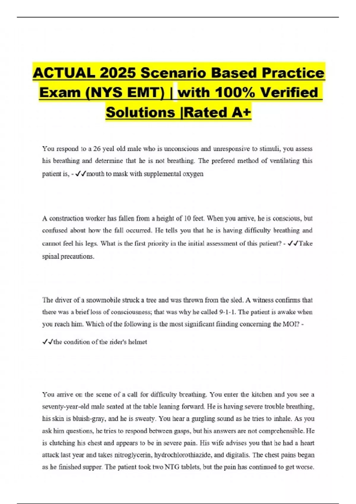 ACTUAL 2025 Scenario Based Practice Exam (NYS EMT) | with 100% Verified ...