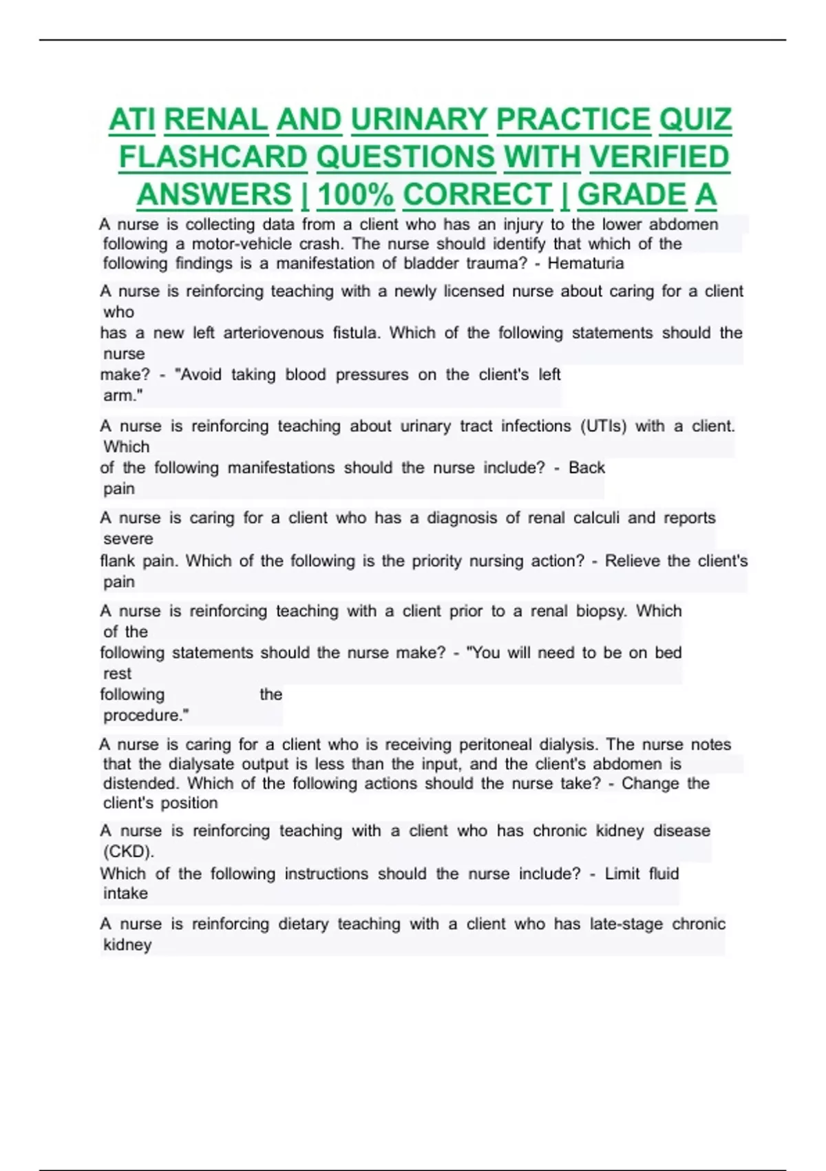 ATI Renal and Urinary Practice Quiz Flashcard questions with verified ...