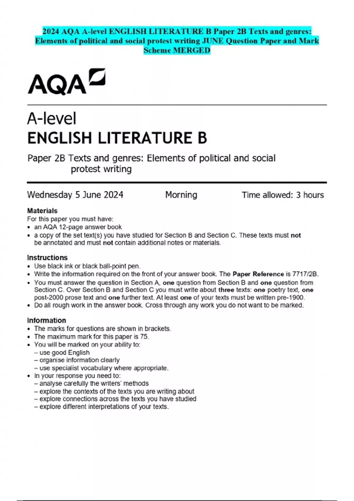 2024 AQA A-level ENGLISH LITERATURE B Paper 2B Texts and genres ...