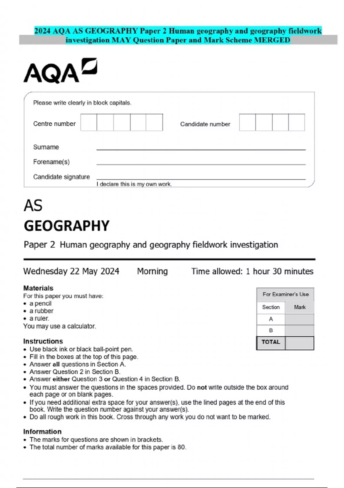 2024 AQA AS GEOGRAPHY Paper 2 Human geography and geography fieldwork ...