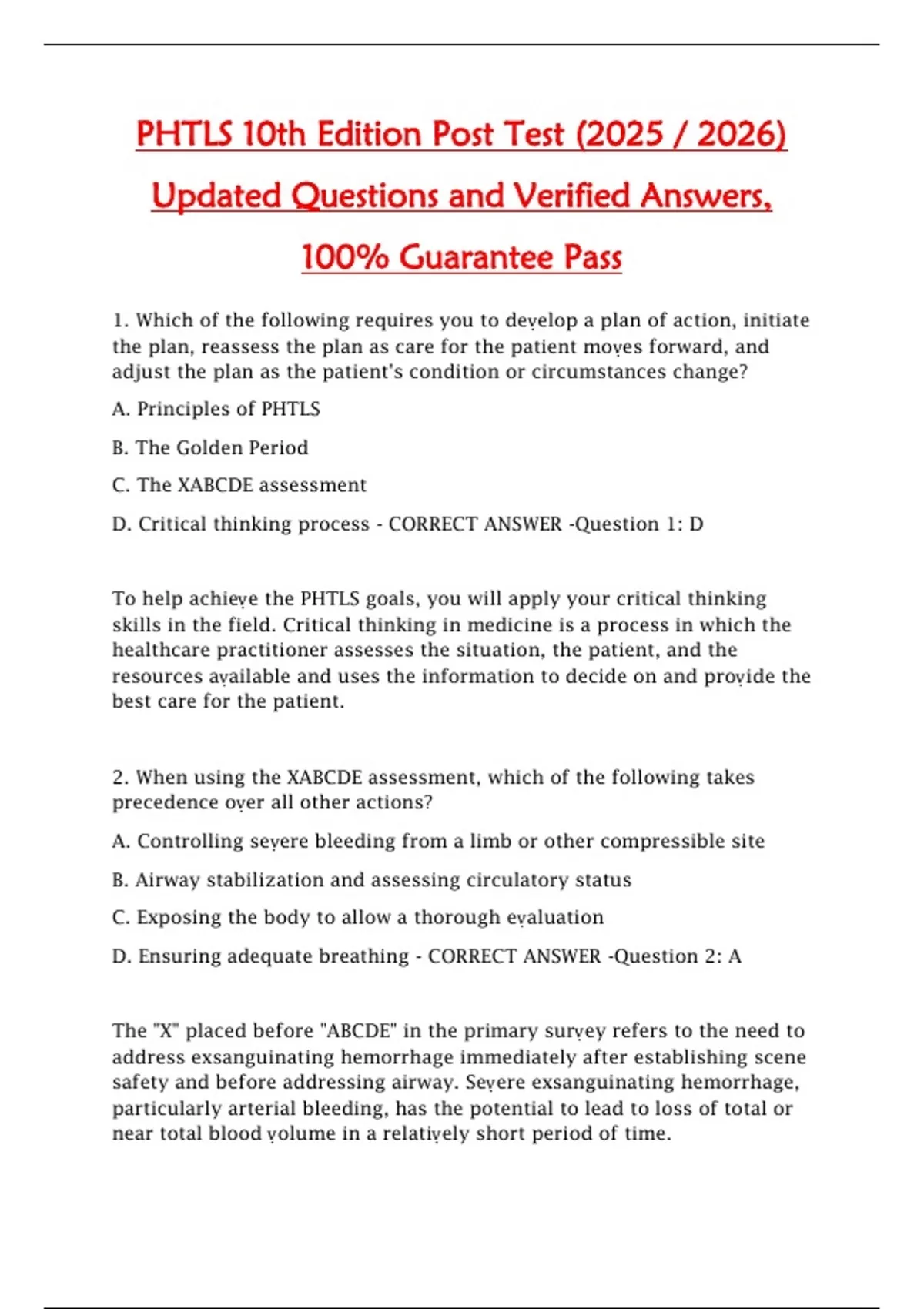 PHTLS 10th Edition Post Test (2025/2026) – Updated Questions and ...