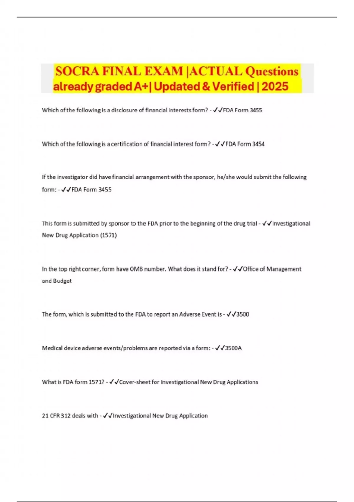 SOCRA FINAL EXAM |ACTUAL Questions already gradedA+|Updated&Verified ...