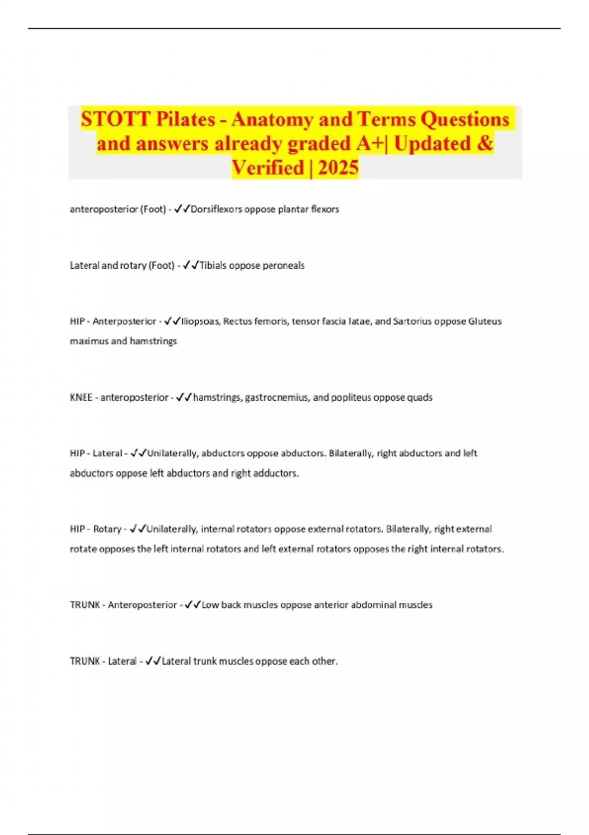 STOTT Pilates - Anatomy and Terms Questions and answers already graded ...