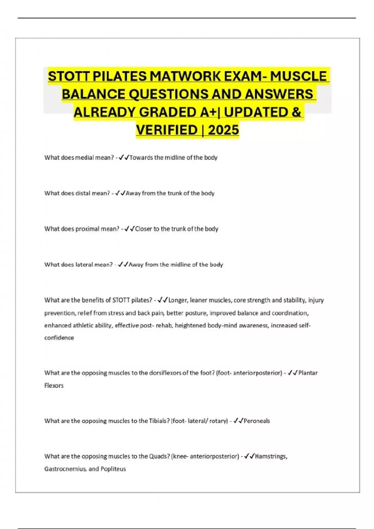 STOTT PILATES MATWORK EXAM- MUSCLE BALANCE QUESTIONS AND ANSWERS ...