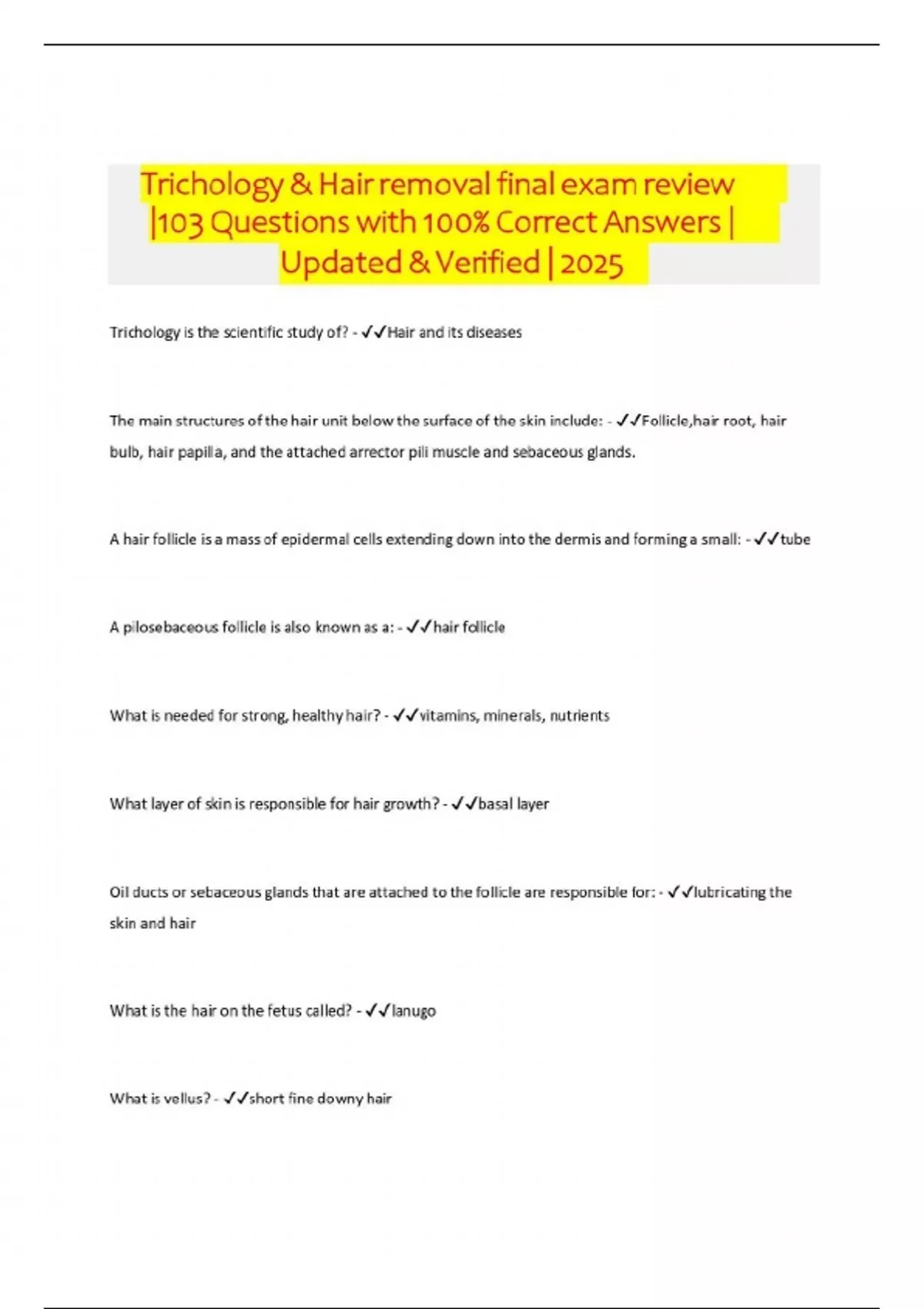 Trichology & Hair removal final exam review |103 Questions with 100% ...