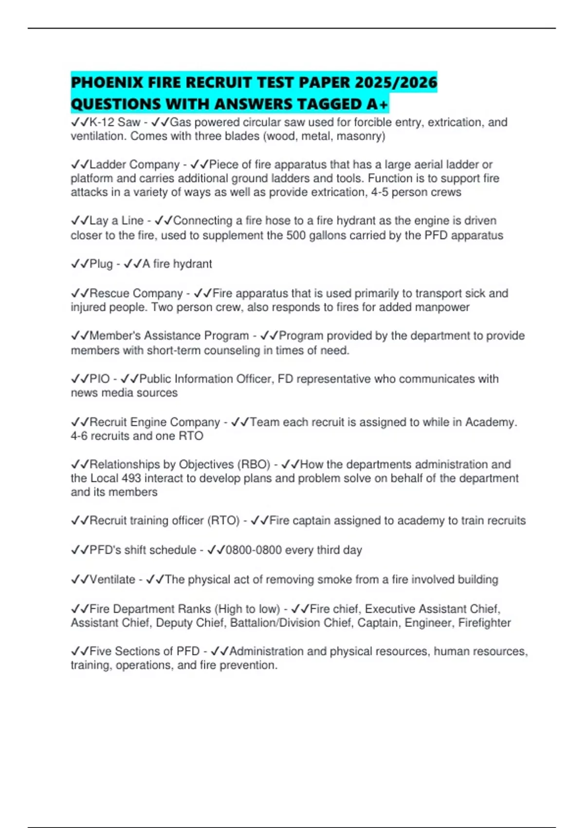 PHOENIX FIRE RECRUIT TEST PAPER 2025/2026 QUESTIONS WITH ANSWERS TAGGED ...