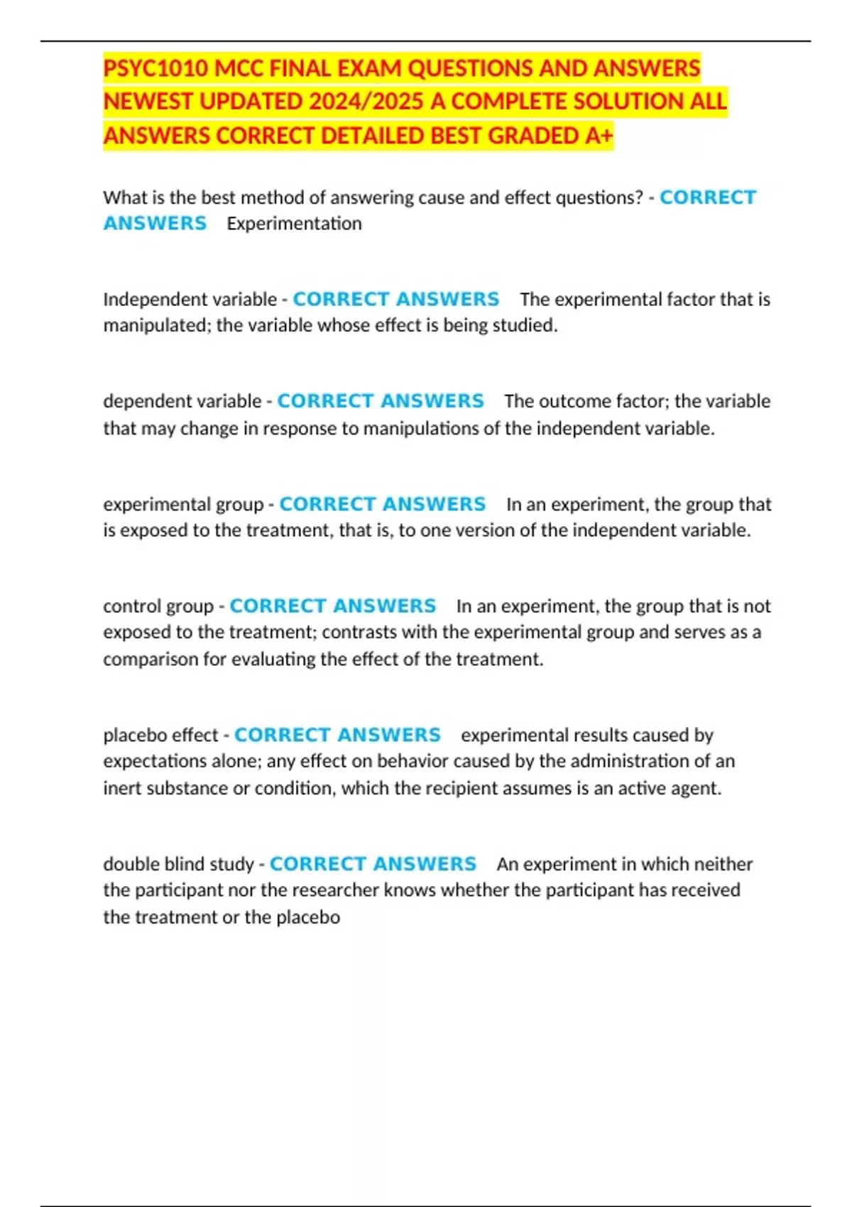 PSYC1010 MCC FINAL EXAM QUESTIONS AND ANSWERS NEWEST UPDATED 2024/2025 ...