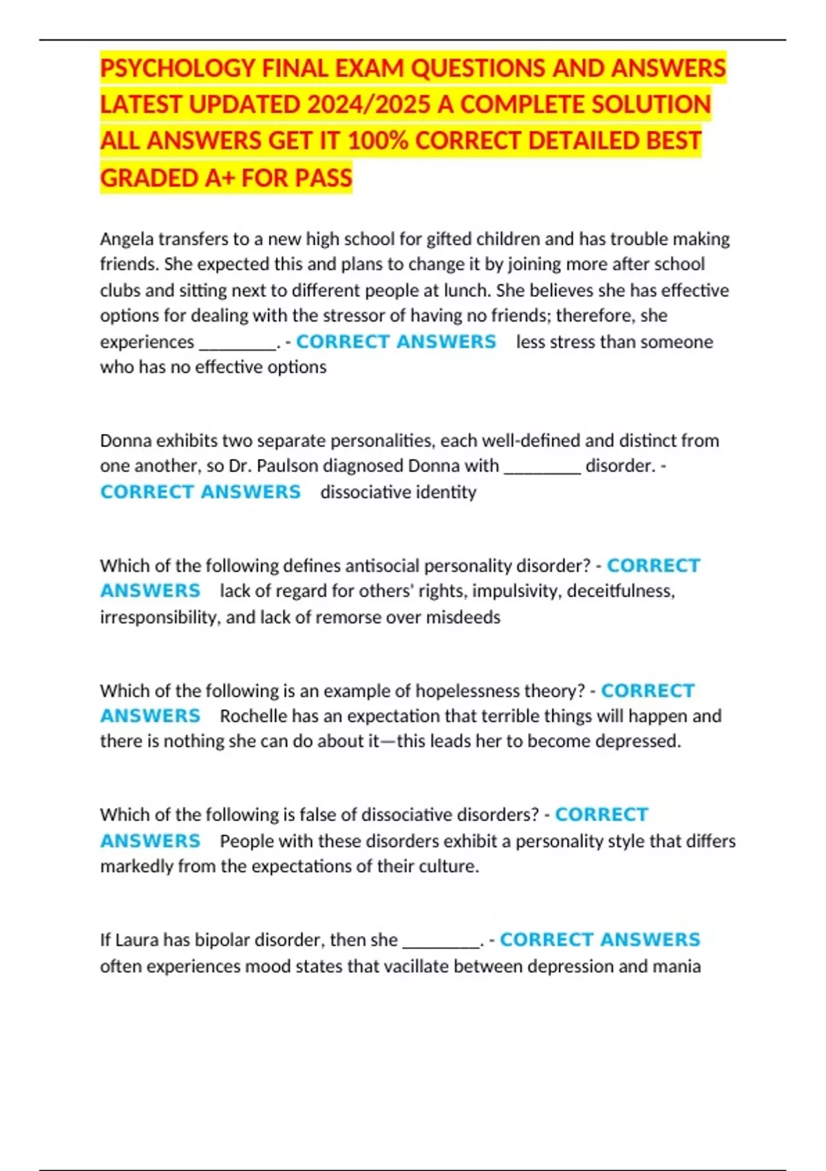 PSYCHOLOGY FINAL EXAM QUESTIONS AND ANSWERS LATEST UPDATED 2024/2025 A ...