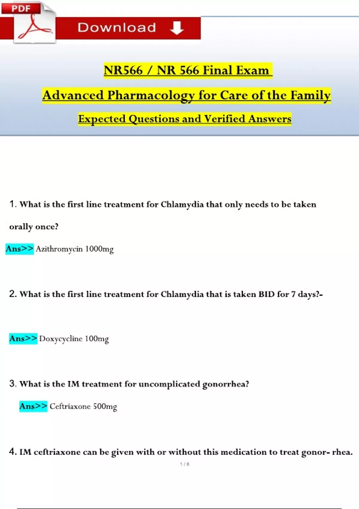 NR 566 Advanced Pharmacology – Final Exam Practice Set with Answers ...
