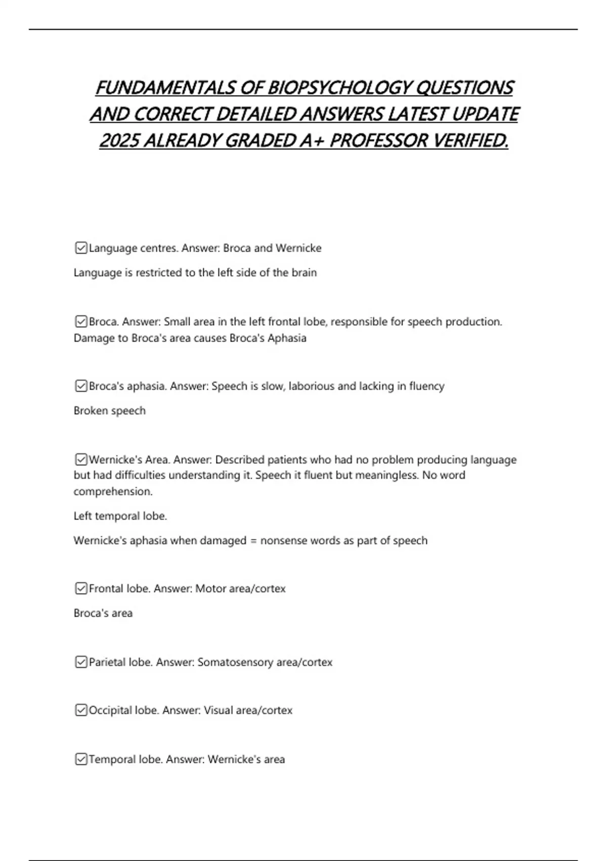 FUNDAMENTALS OF BIOPSYCHOLOGY QUESTIONS AND CORRECT DETAILED ANSWERS ...