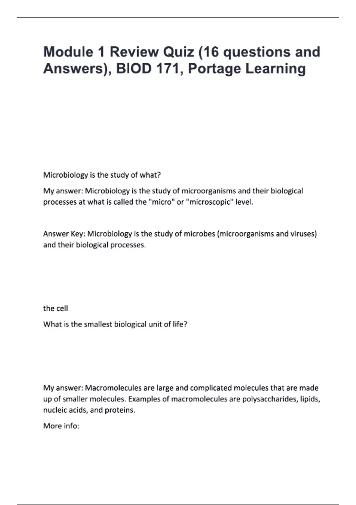 Module 1 Review Quiz (16 questions and Answers), BIOD 171, Portage ...