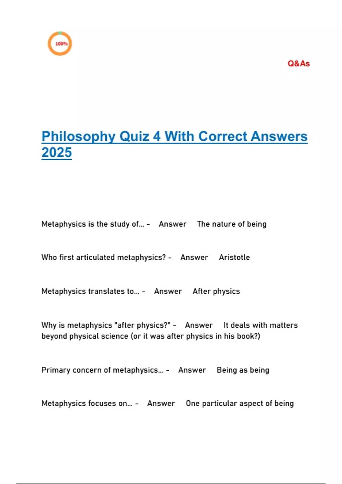 Philosophy Quiz 4 With Correct Answers 2025 - Philosophy Honours ...