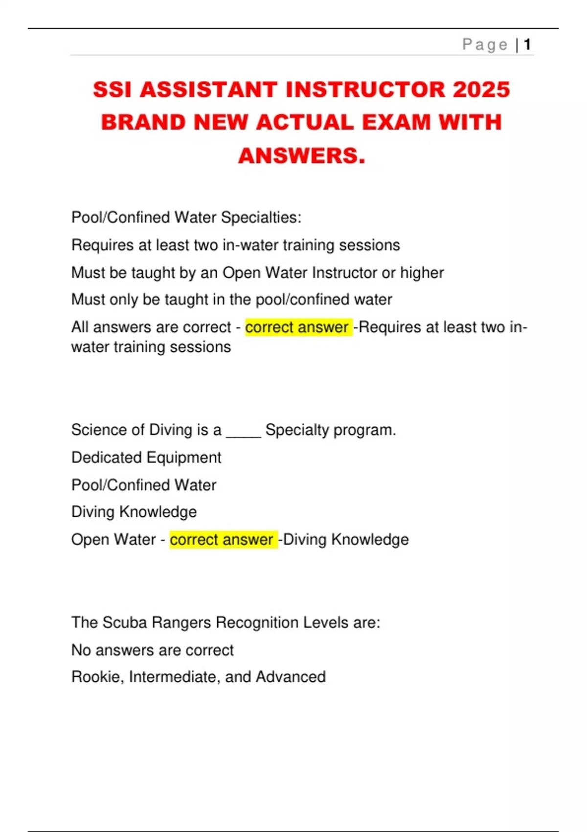SSI ASSISTANT INSTRUCTOR 2025 BRAND NEW ACTUAL EXAM WITH ANSWERS - NAUI - Stuvia US