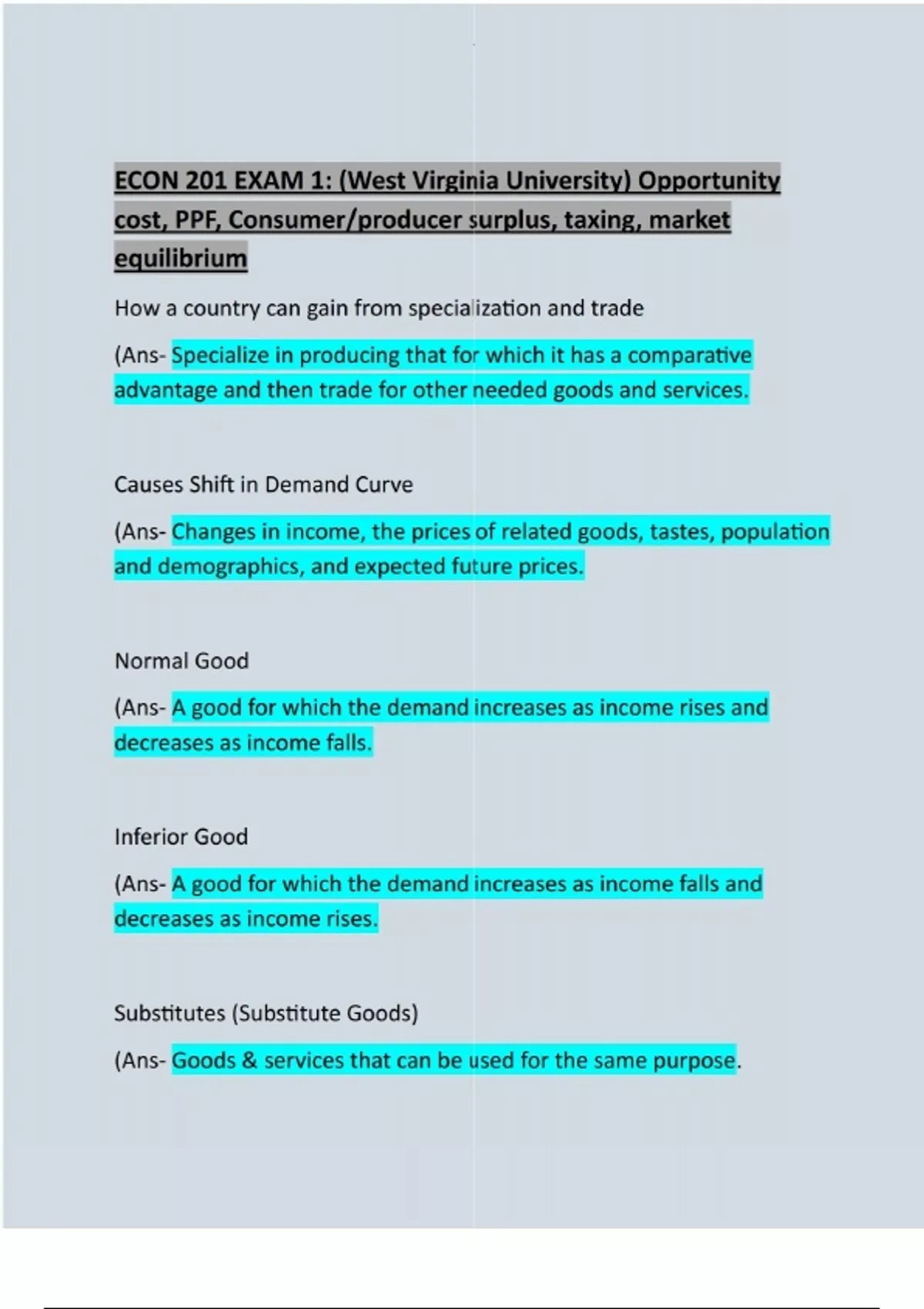 ECON 201 EXAM 1: (West Virginia University) Opportunity cost, PPF ...