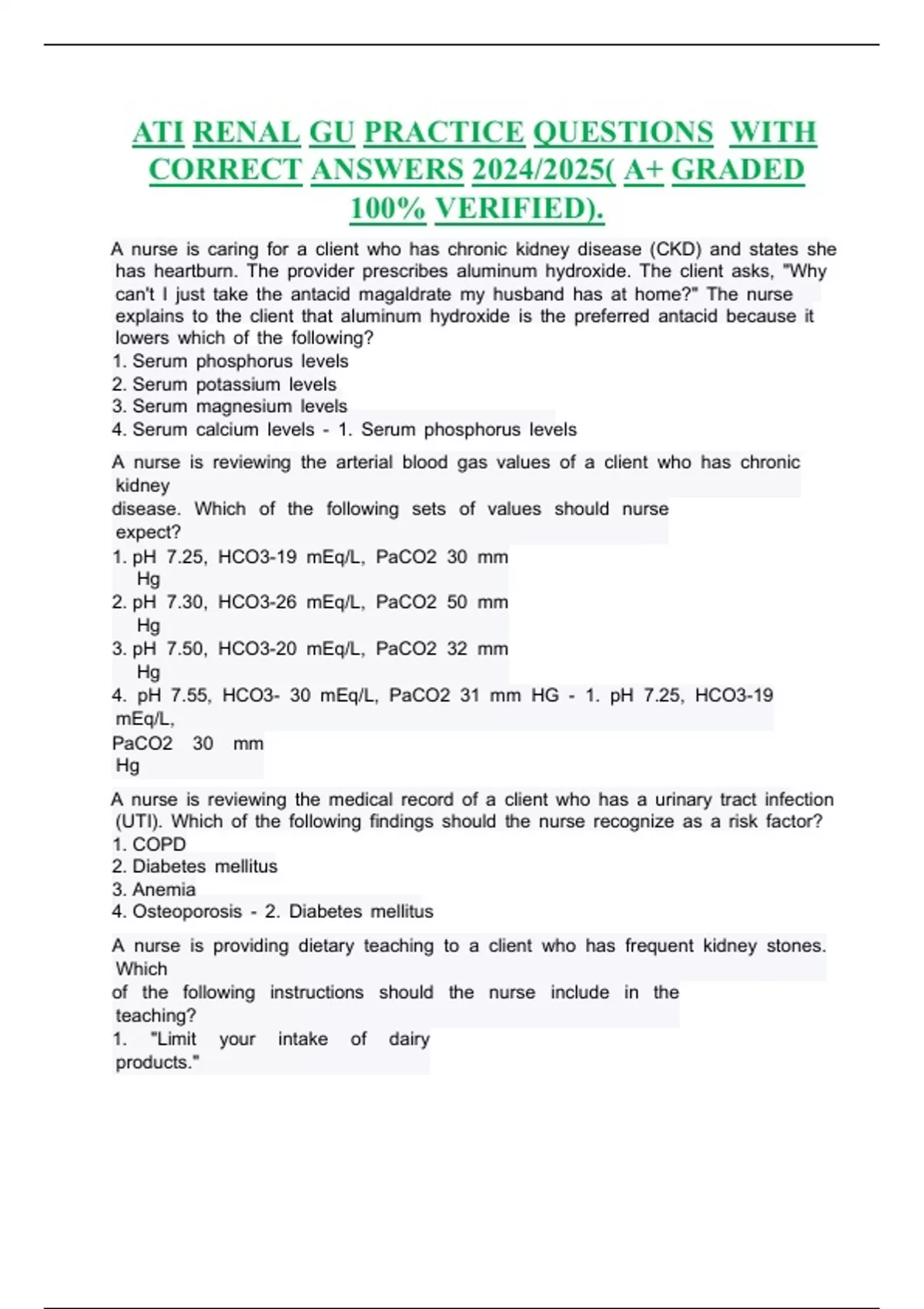 ATI Renal GU Practice Questions with correct answers 2024/2025( a+ ...