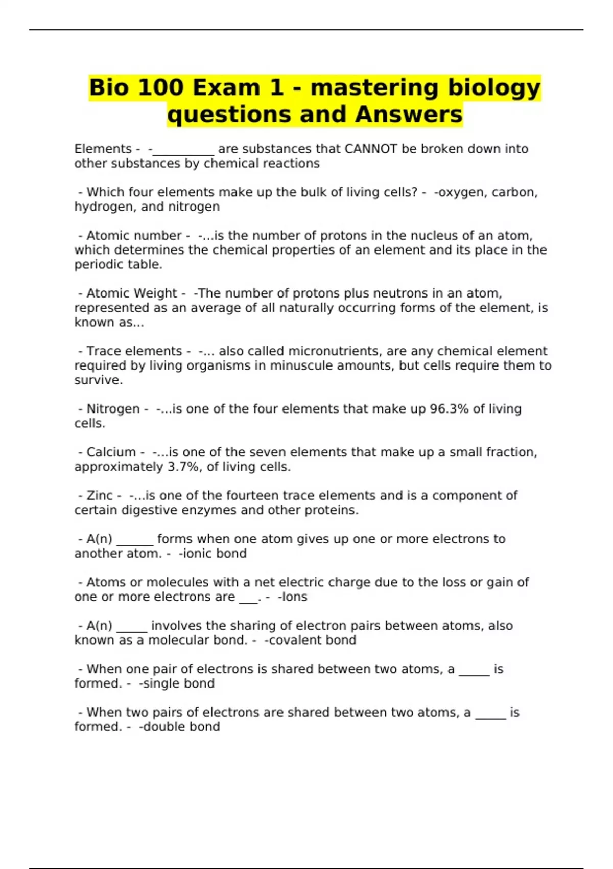 Bio 100 Exam 1 - mastering biology questions and Answers - Bio 100 Exam ...