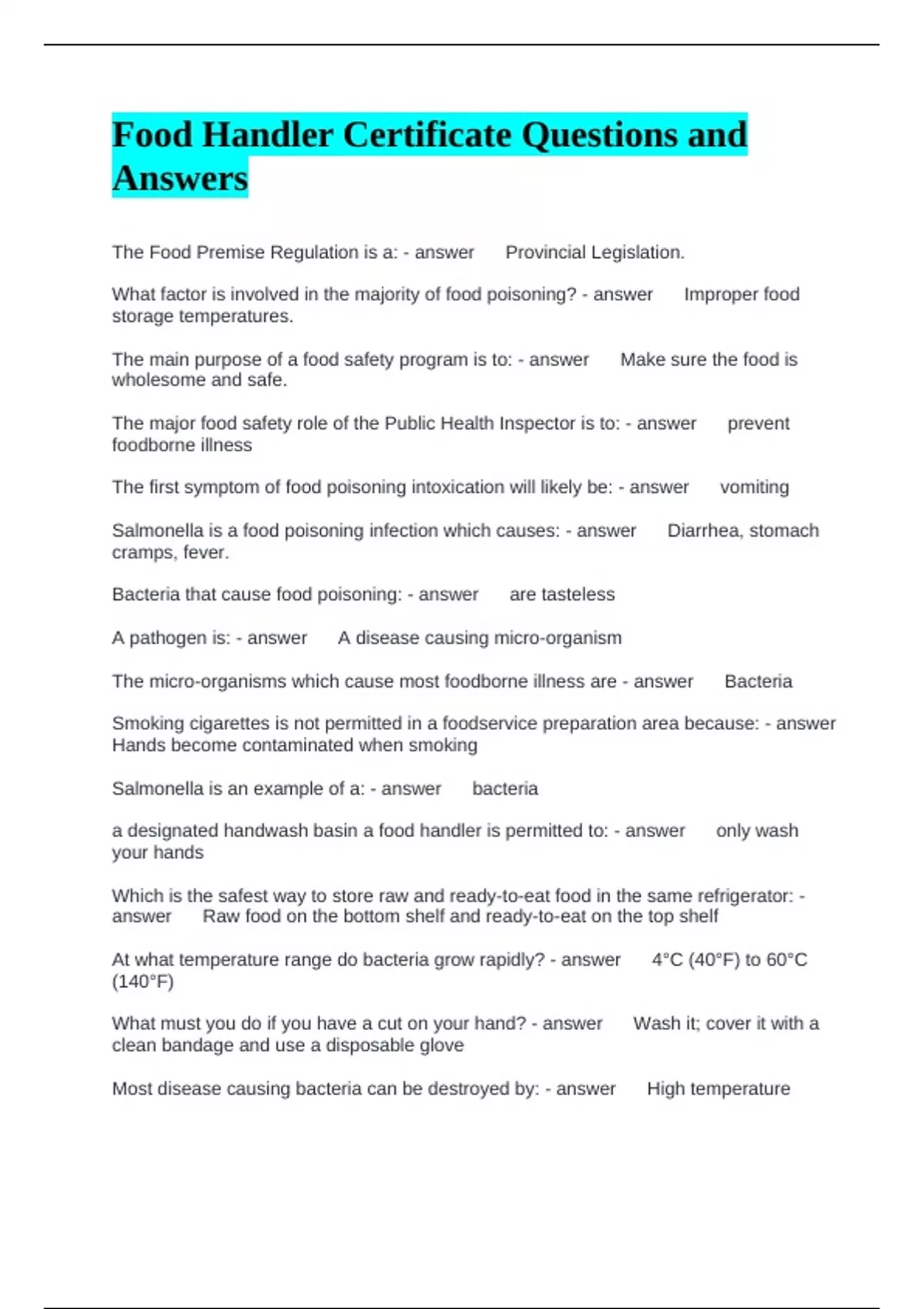 Food Handler Certificate Questions and Answers - FOOD HANDLERS - Stuvia US