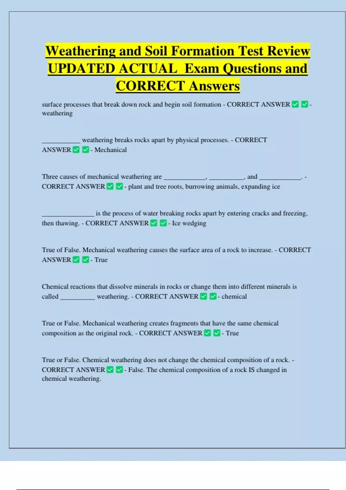 Weathering and Soil Formation Test Review UPDATED ACTUAL Exam Questions ...