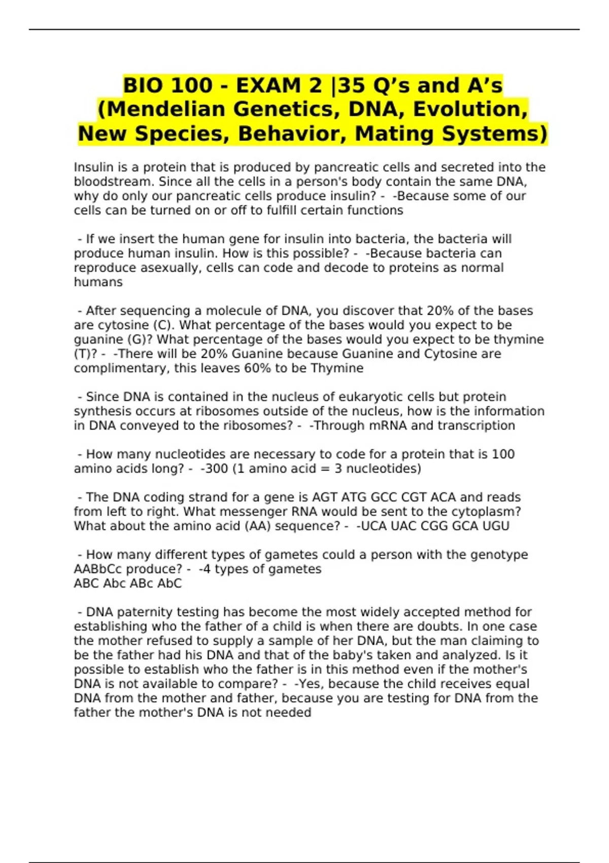 BIO 100 - EXAM 2 |35 Q’s and A’s (Mendelian Genetics, DNA, Evolution ...