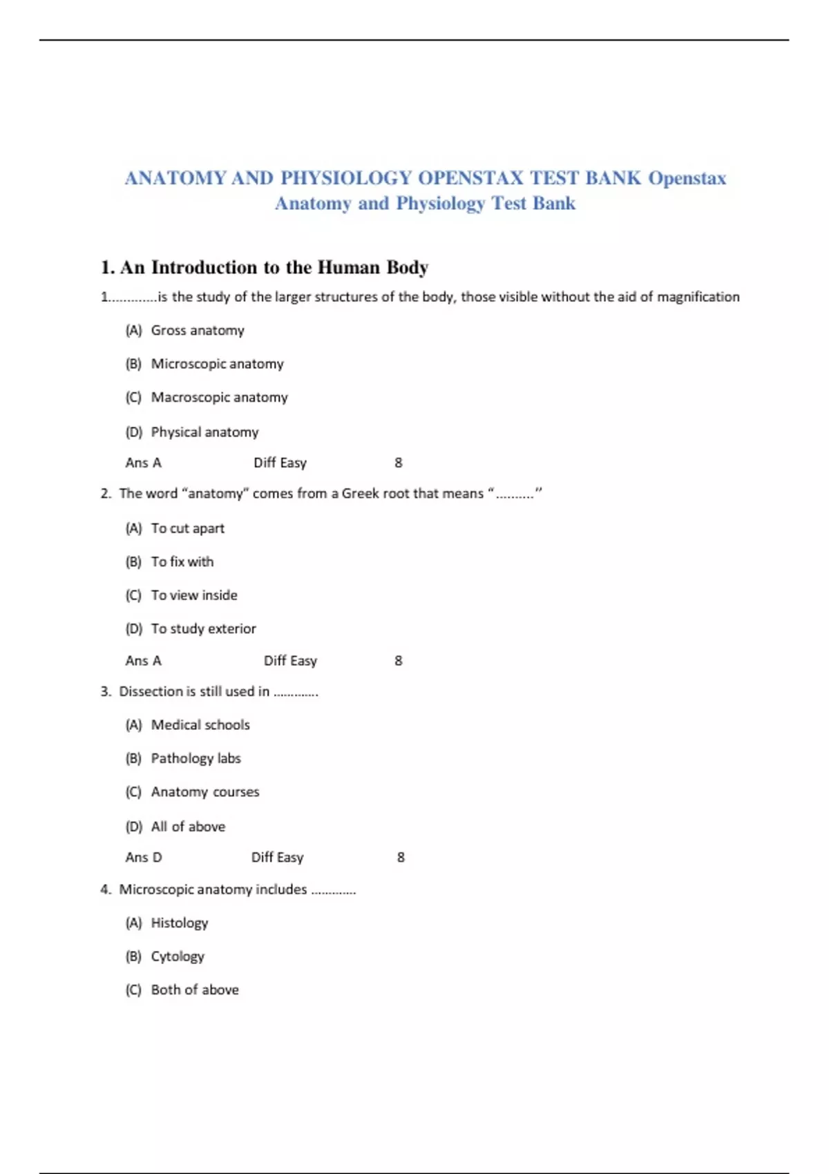 ANATOMY AND PHYSIOLOGY OPENSTAX TEST BANK /Anatomy and Physiology ...