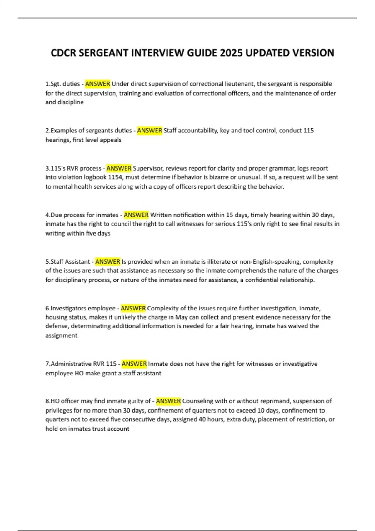 CDCR SERGEANT INTERVIEW GUIDE 2025 UPDATED VERSION - Cdcr - Stuvia US