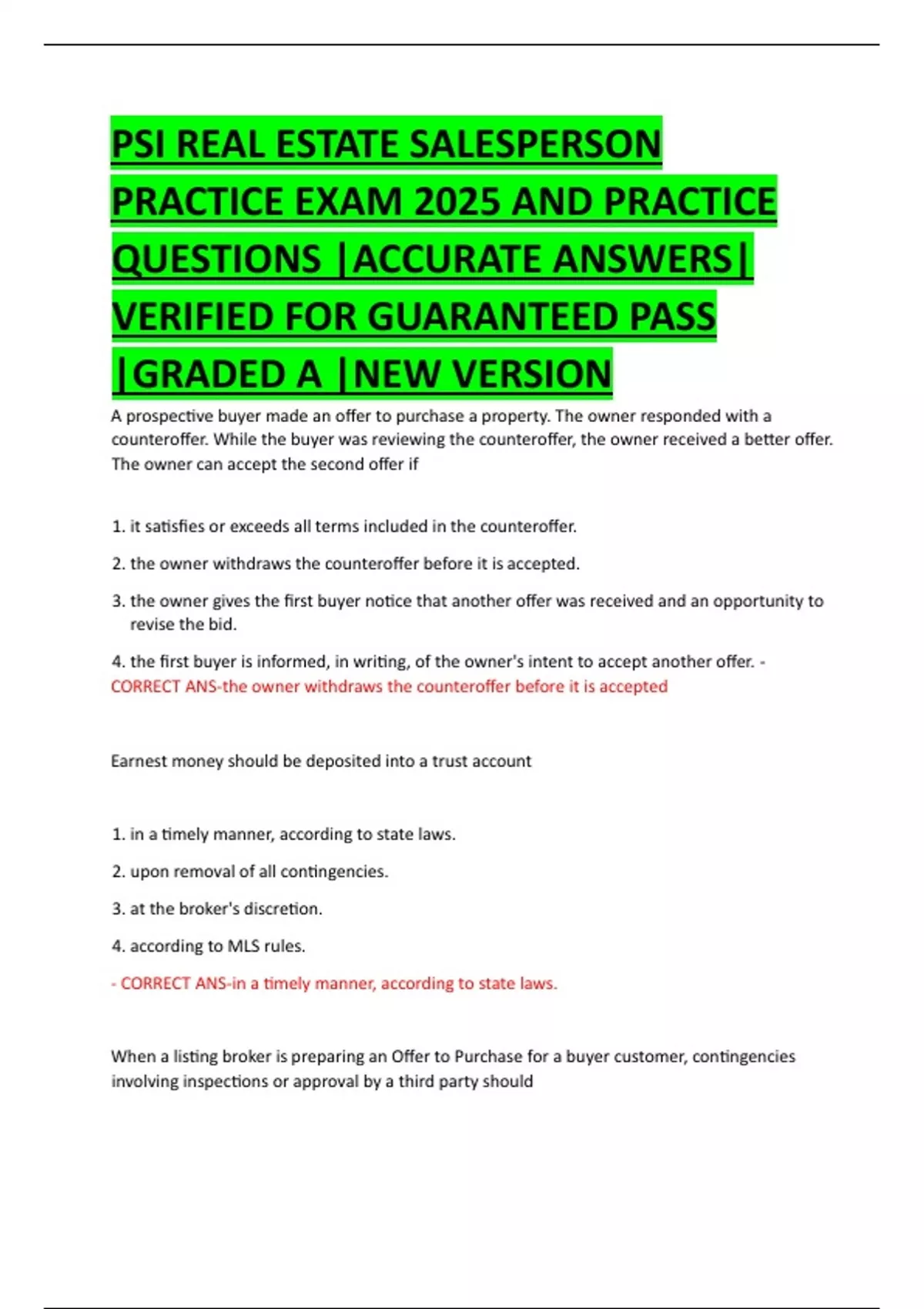 PSI REAL ESTATE SALESPERSON PRACTICE EXAM 2025 AND PRACTICE QUESTIONS |ACCURATE ANSWERS ...