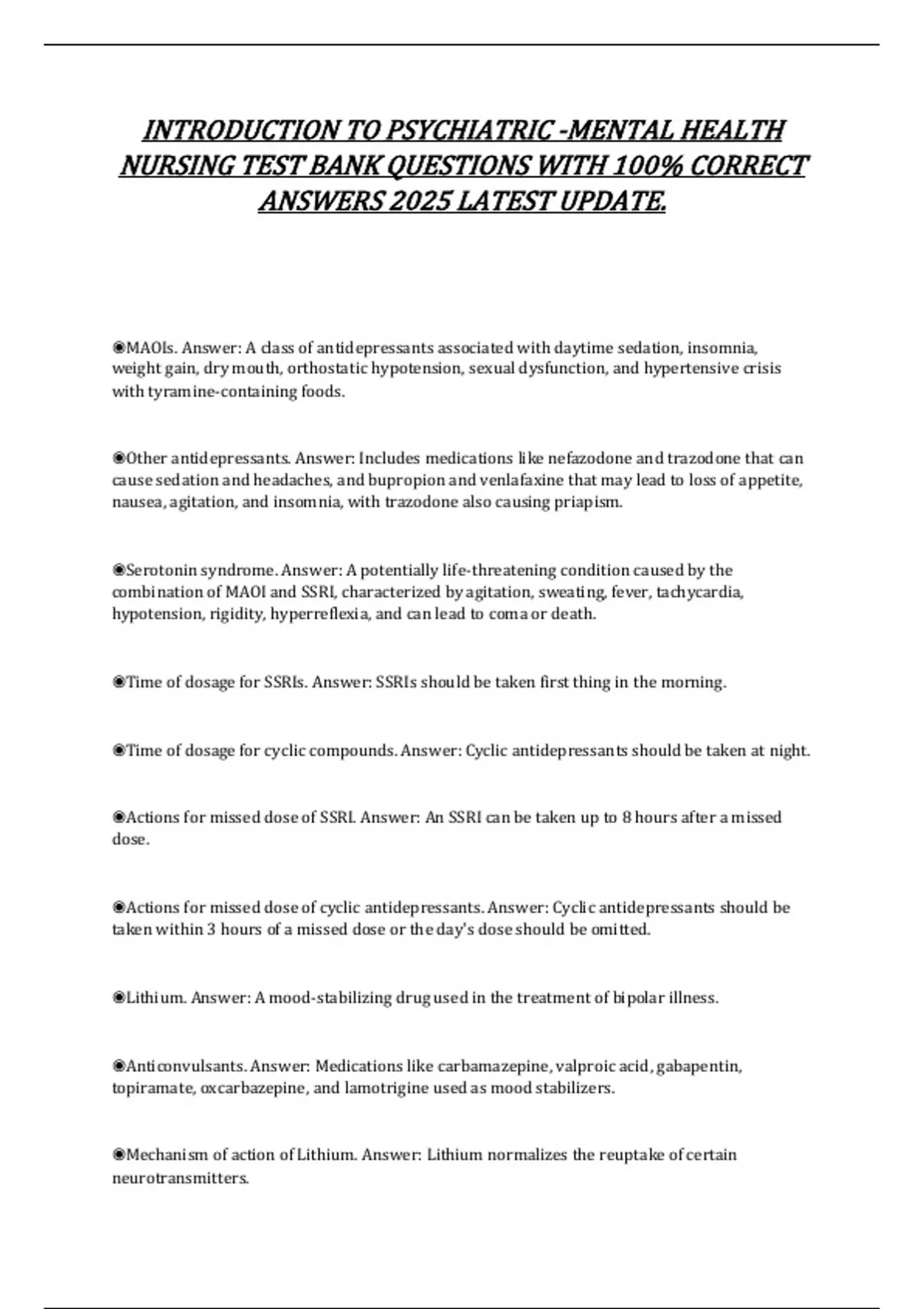 INTRODUCTION TO PSYCHIATRIC -MENTAL HEALTH NURSING TEST BANK QUESTIONS ...