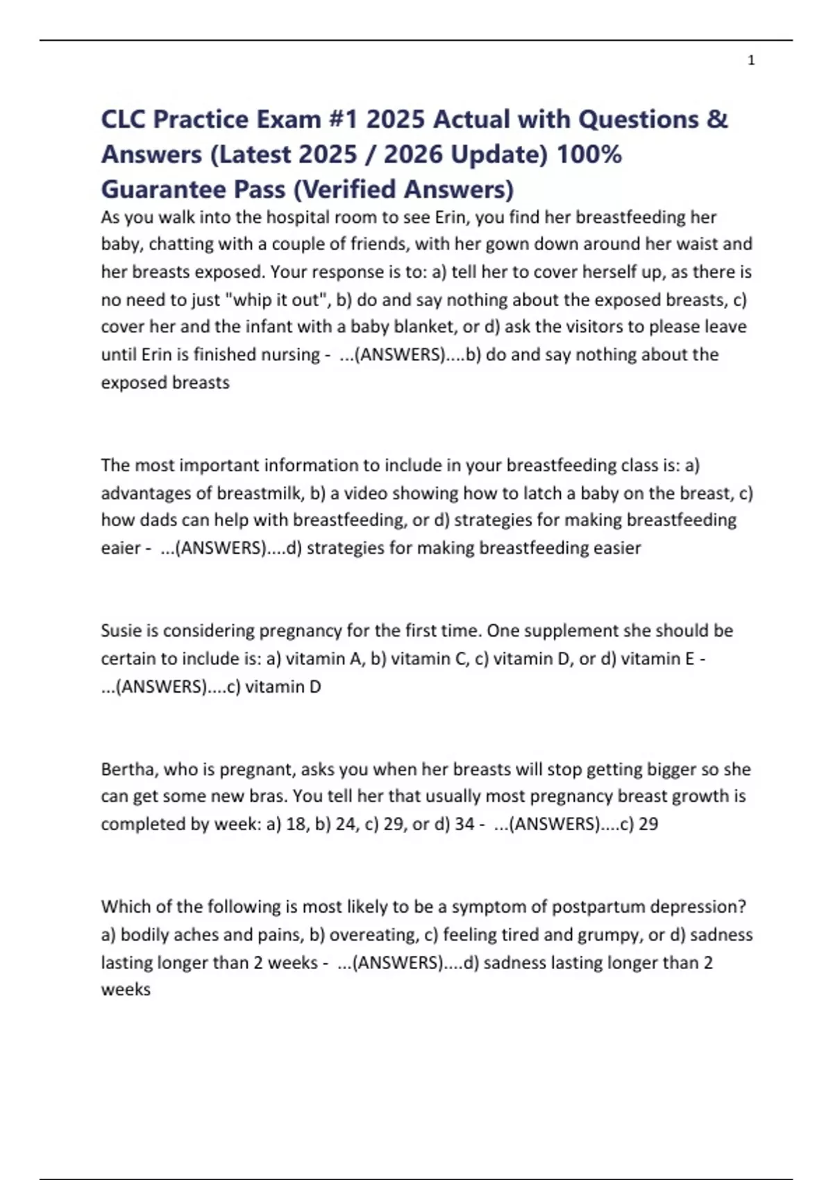 CLC Practice Exam #1 2025 Actual with Questions & Answers (Latest 2025 ...