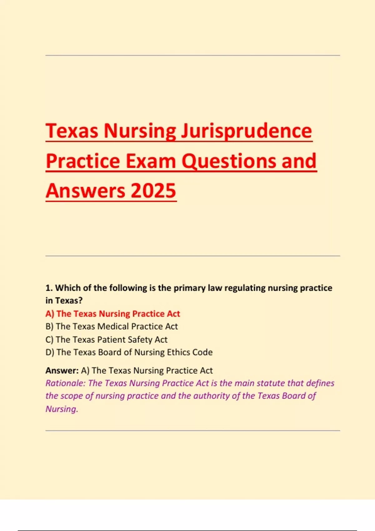 Texas Nursing Jurisprudence Practice Exam Questions and Answers 2025 ...