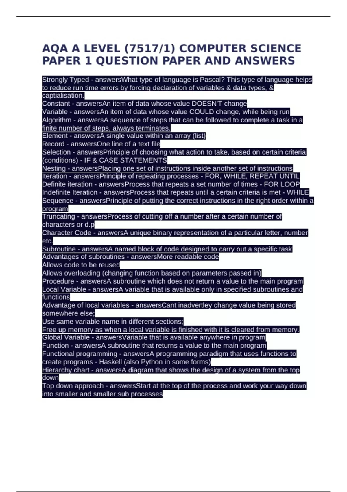AQA A LEVEL (7517/1) COMPUTER SCIENCE PAPER 1 QUESTION PAPER AND - AQA A LEVEL COMPUTER SCIENCE ...