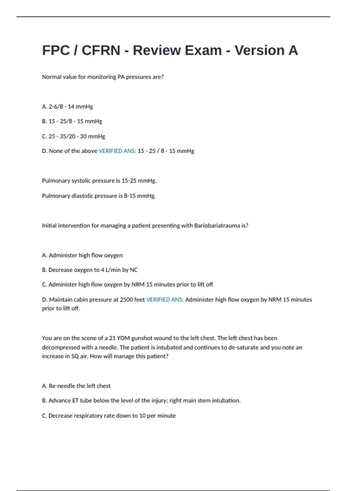 FPC / CFRN - Review Exam - Version A. 2025/2026. 130+ Questions And ...