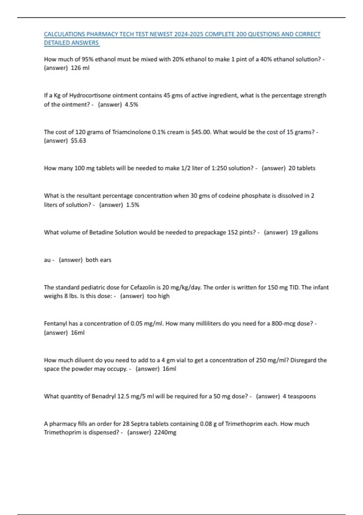 CALCULATIONS PHARMACY TECH TEST NEWEST COMPLETE 200 QUESTIONS AND ...