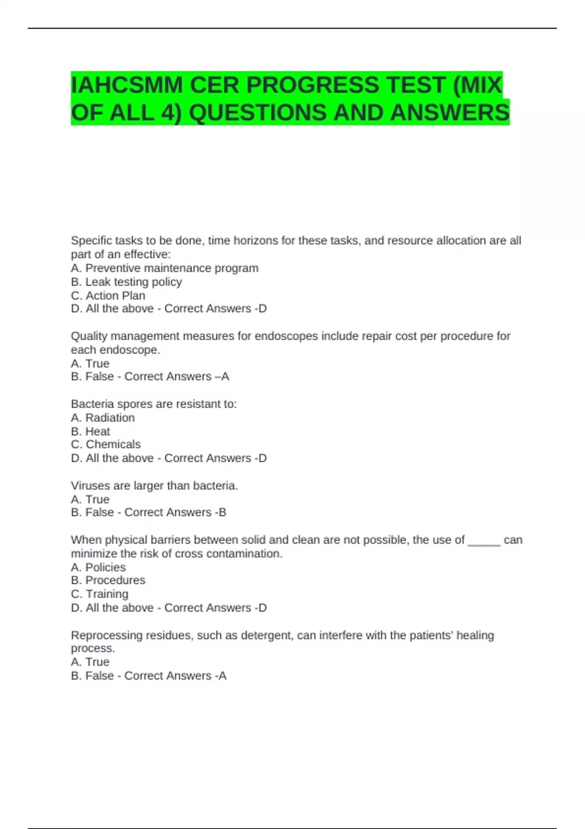 IAHCSMM CER PROGRESS TEST (MIX OF ALL 4) QUESTIONS AND ANSWERS - CER ...