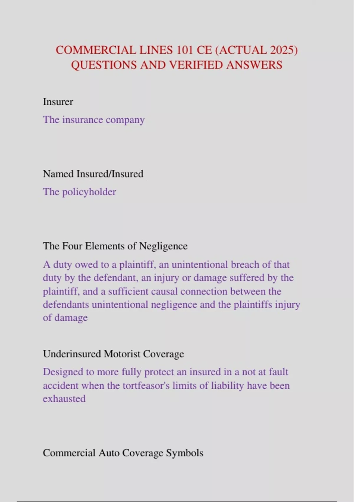 COMMERCIAL LINES 101 CE (ACTUAL 2025) QUESTIONS AND VERIFIED ANSWERS ...