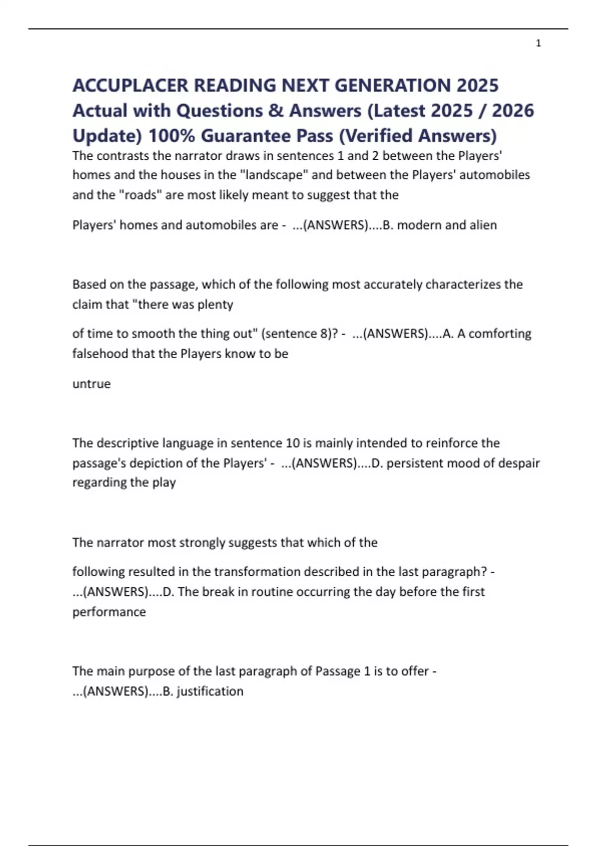 ACCUPLACER READING NEXT GENERATION 2025 Actual with Questions & Answers ...