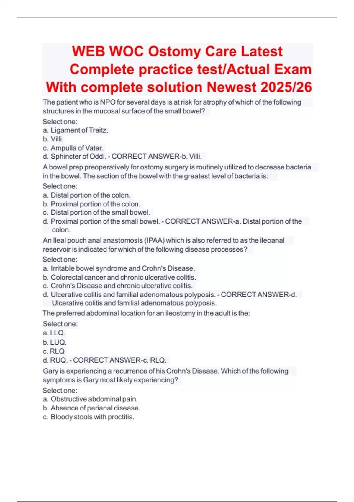 WEB WOC Ostomy Care Latest Complete practice test/Actual Exam With ...