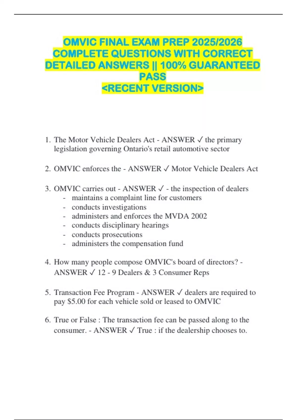 OMVIC FINAL EXAM PREP 2025/2026 COMPLETE QUESTIONS WITH CORRECT ...