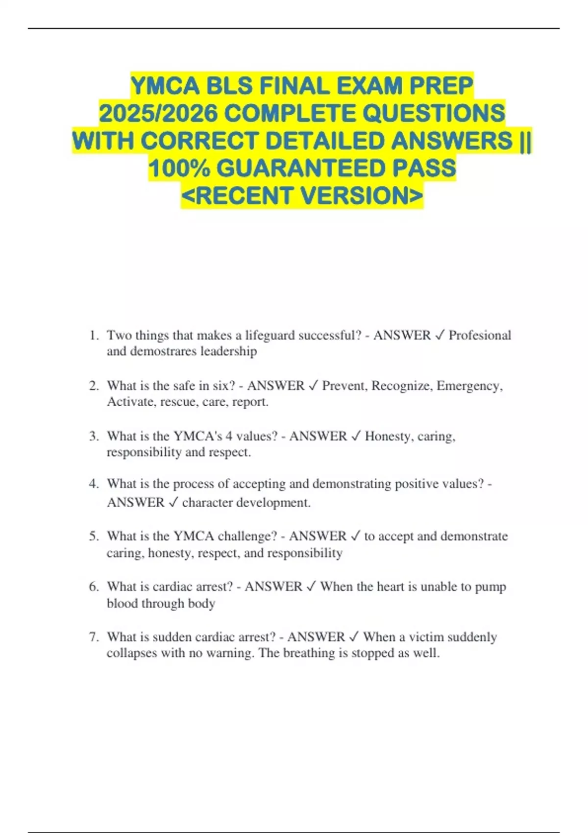 YMCA BLS FINAL EXAM PREP 2025/2026 COMPLETE QUESTIONS WITH CORRECT ...