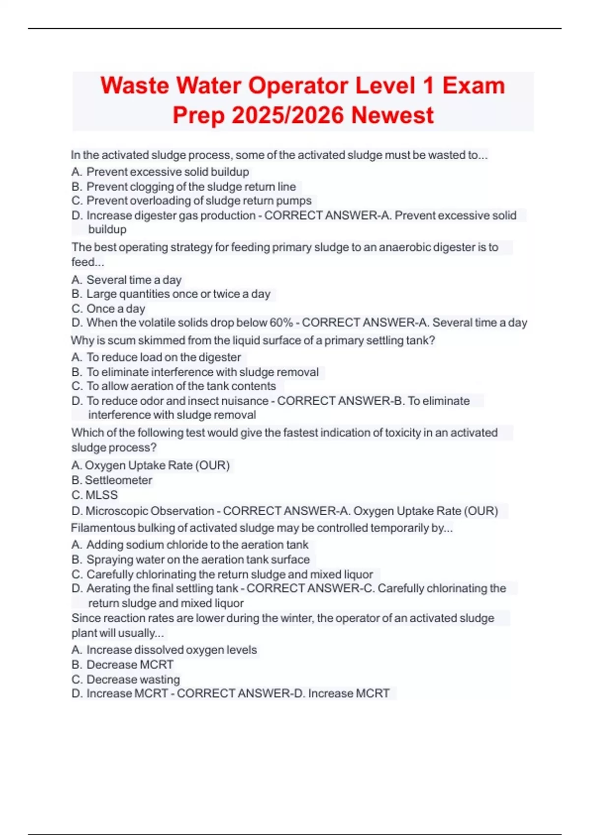 Waste Water Operator Level 1 Exam Prep 2025/2026 Newest - Waste Water ...