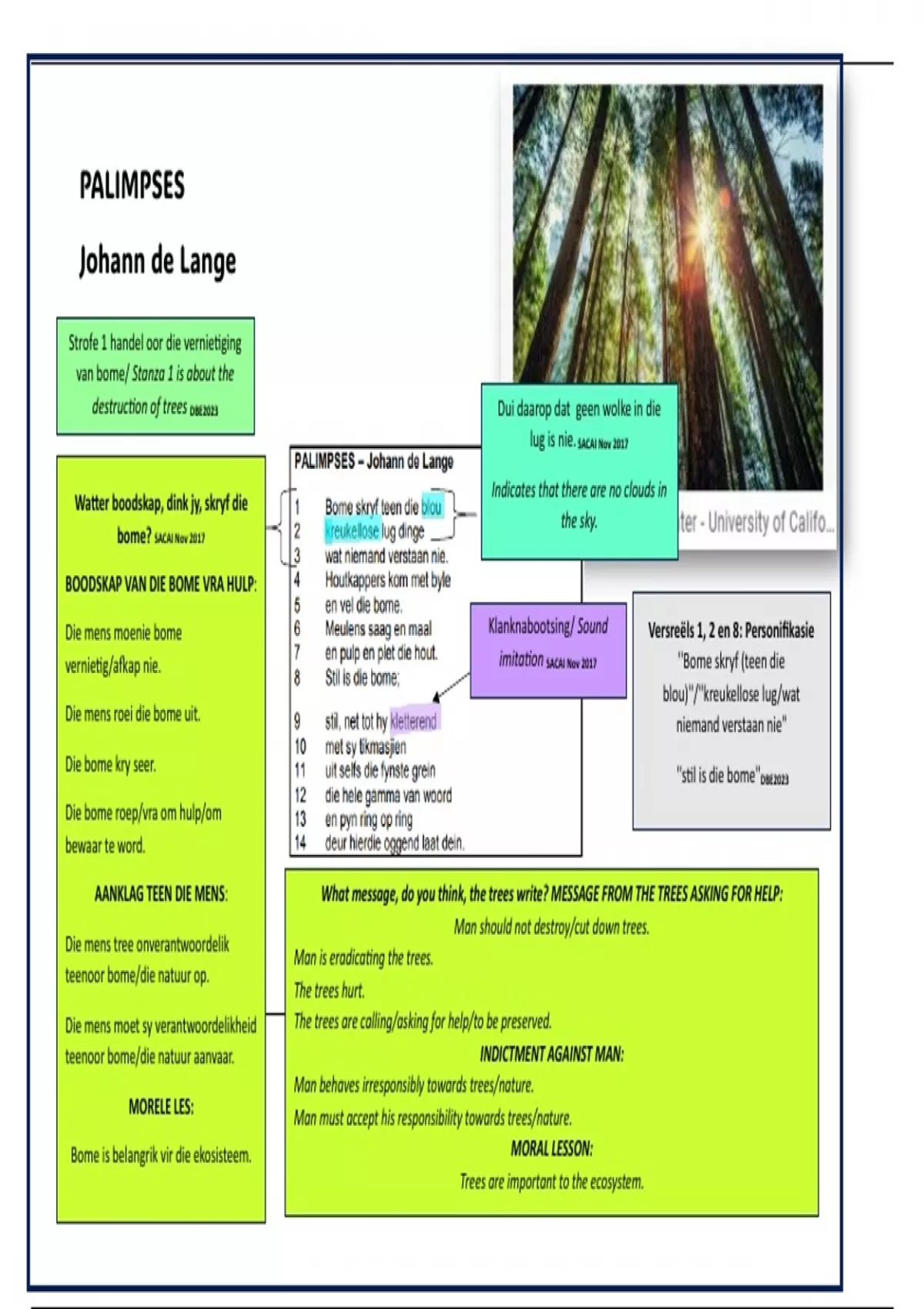 Summary PALIMPSES deur Johann de Lange-Opgesom, Afrikaans en Engels ...
