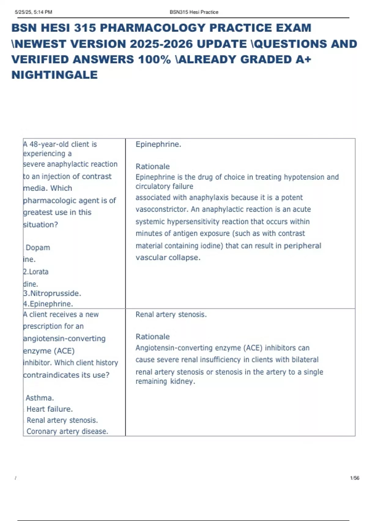 BSN HESI 315 PHARMACOLOGY PRACTICE EXAM NEWEST VERSION UPDATE QUESTIONS ...