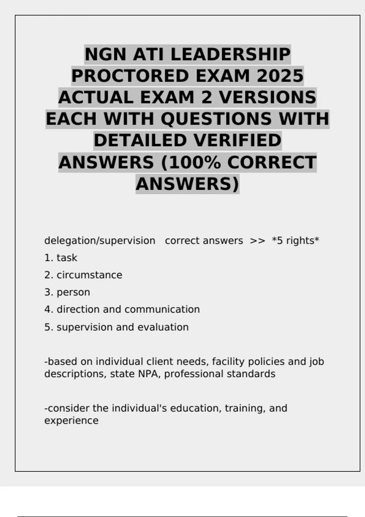 NGN ATI LEADERSHIP PROCTORED EXAM 2025 ACTUAL EXAM 2 VERSIONS EACH WITH ...