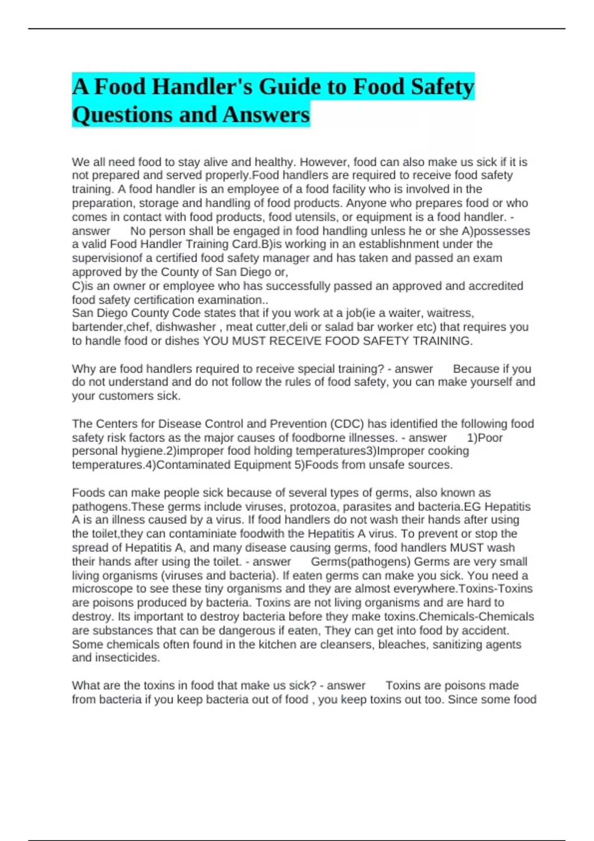 A Food Handler's Guide to Food Safety Questions and Answers - FOOD ...