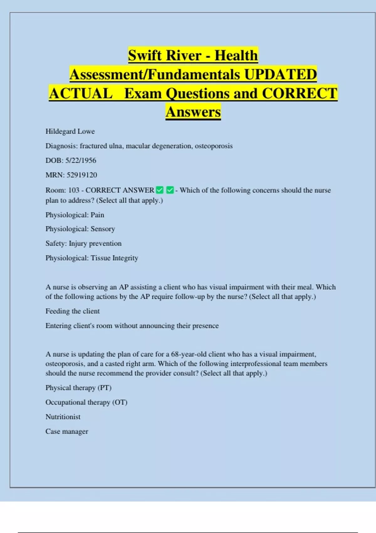 Swift River - Health Assessment/Fundamentals UPDATED ACTUAL Exam ...